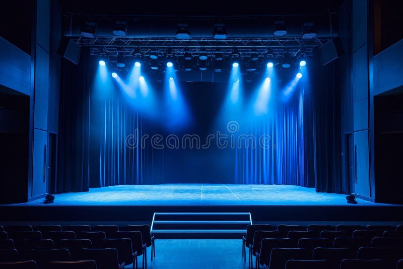 A Stage with Blue Lights and a Curtain. Stage Background Stock Photo ...