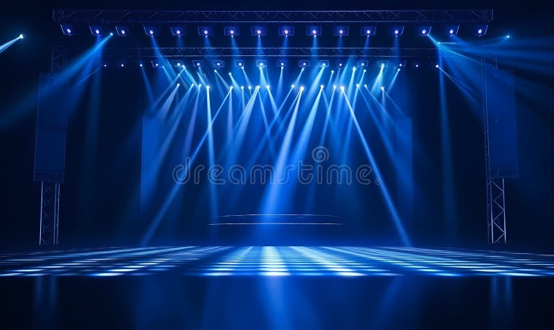 A Stage with Blue Lights, Dark Stage Shows Blue Neon Light Spotlights ...
