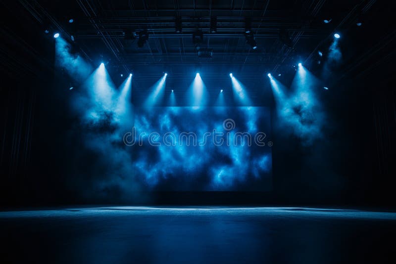 Stage with Blue Spotlights Illuminating Large Screen Creating Dramatic ...