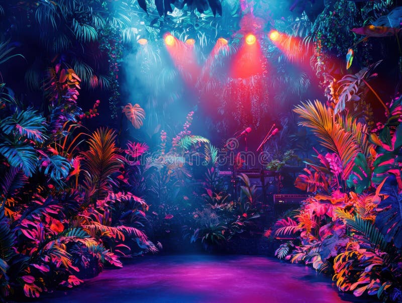 Stage with Bright Lights Surrounded by Tropical Plants for a ...