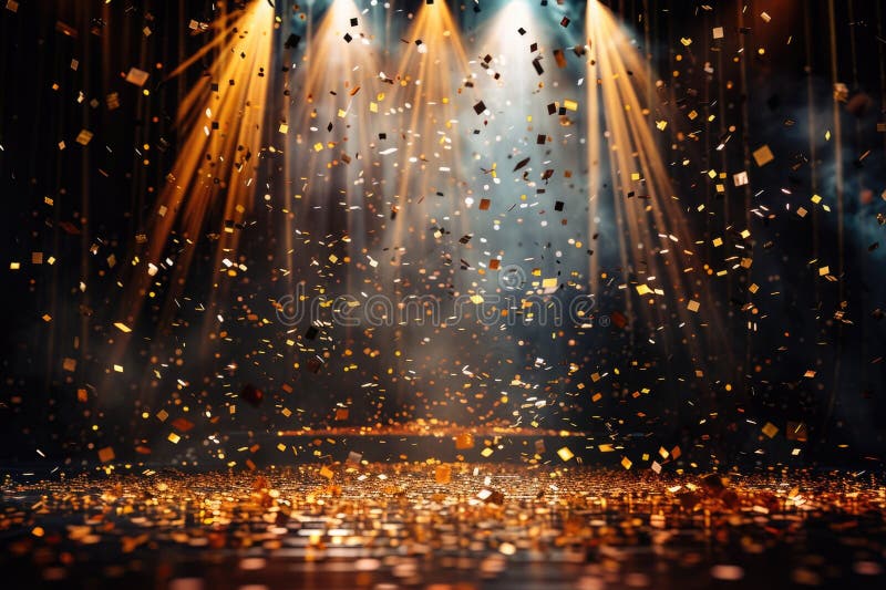 A Stage with Bright Spotlights and Confetti Falling from the Ceiling ...