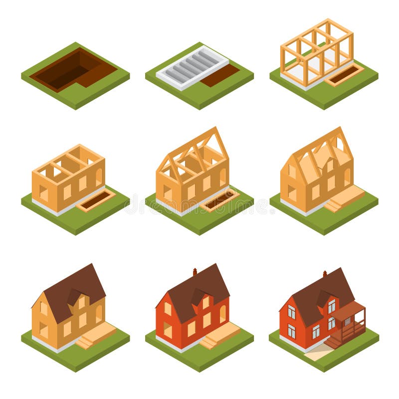 Isometric Set Stage-by-stage Construction of a Brick House. House Stock ...