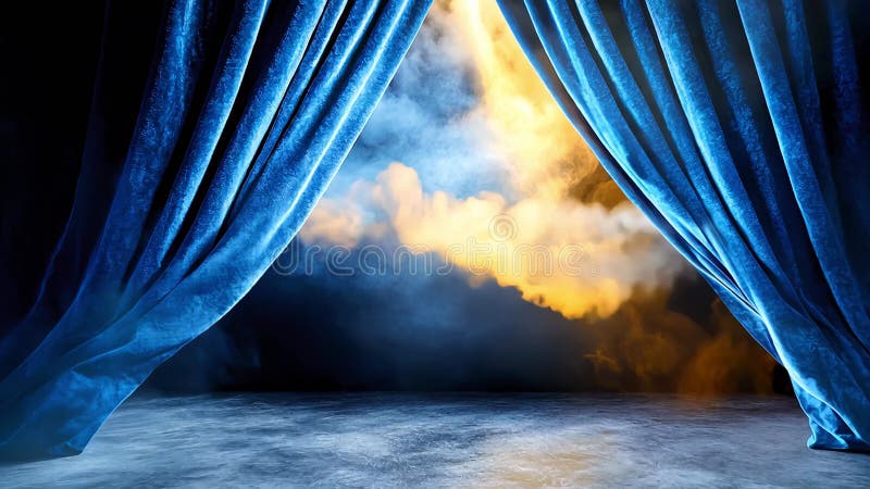 Stage Curtains Open To Spotlight, Theatre Performance Scene, Blue ...