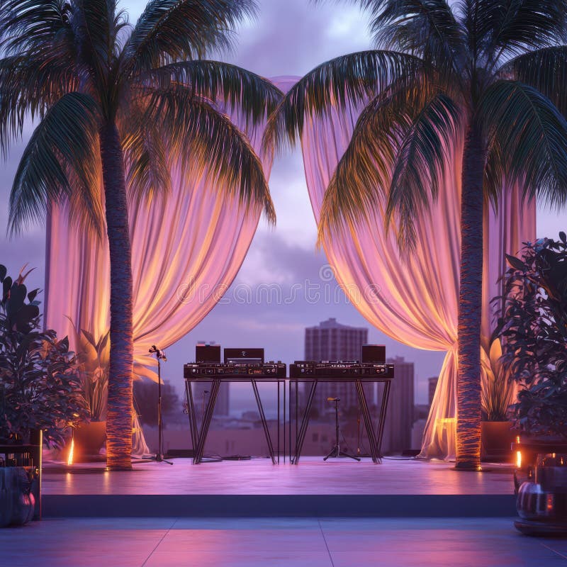 A Stage with a Dj Set Up in Front of Palm Trees Stock Illustration ...