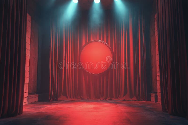 A Dramatic Stage Setup with Red Curtains and a Circular Backdrop ...