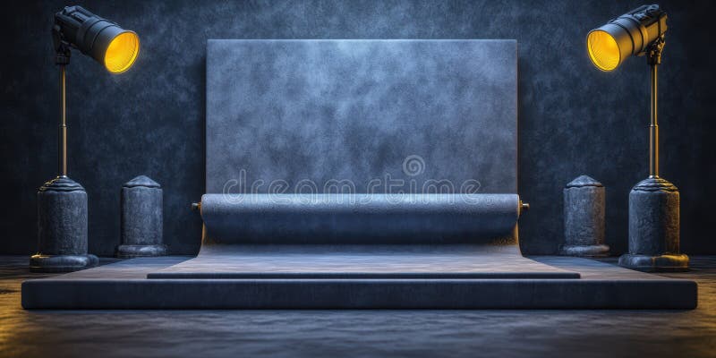 A Stage Features Three Lamps Illuminating a Large Picture Displayed ...