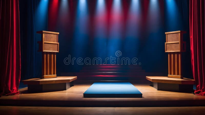 A Stage Set for a Debate with Wooden Podiums and Dramatic Lighting in a ...