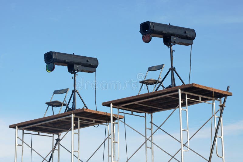 Stage Follow Spotlights on Stand Tower Stock Image - Image of beam ...