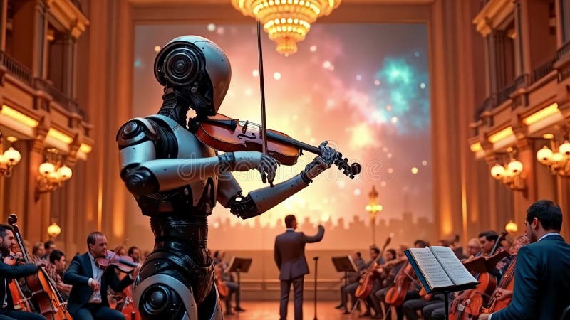 On Stage, a Futuristic Robot Plays the Violin and Performs a Solo Part ...
