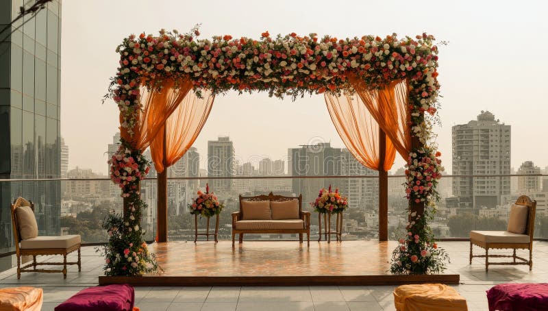 A Stage for a Garden Wedding Featuring Falling Flowers and Glowing ...