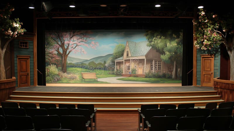 A Stage with a House and Trees Painted on it. Stage Background Stock ...