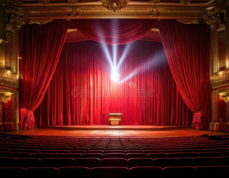 Stage Illuminated by Bright Lights in a Historic Theater with Red ...
