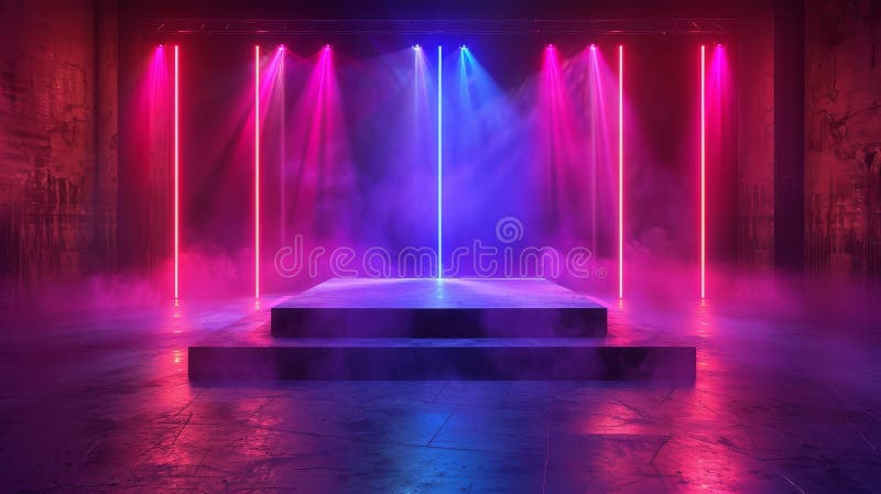 The Stage, Illuminated by Neon Lights, Awaits the Night Performance ...
