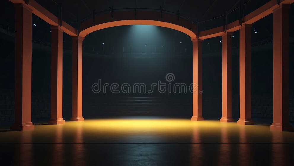 Empty Stage with Columns and Archway Lit by Single Spotlight Stock ...