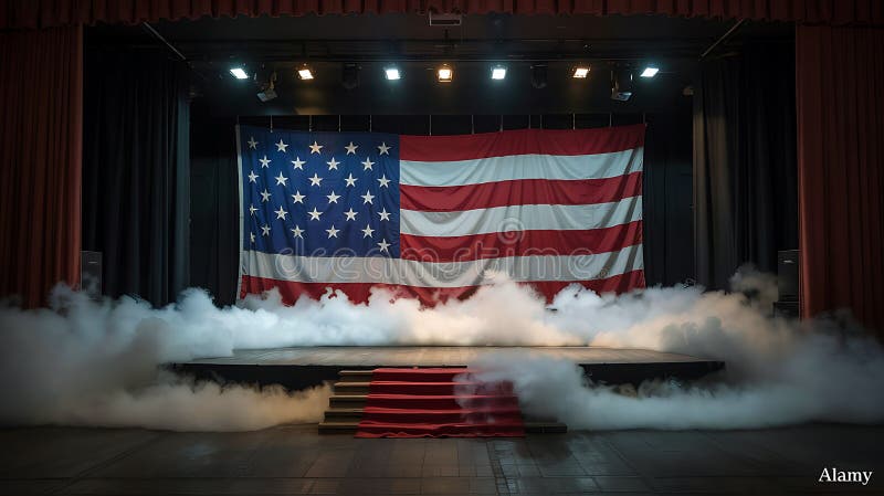 American Flag Draped Stage with Fog for Patriotic Event Stock ...