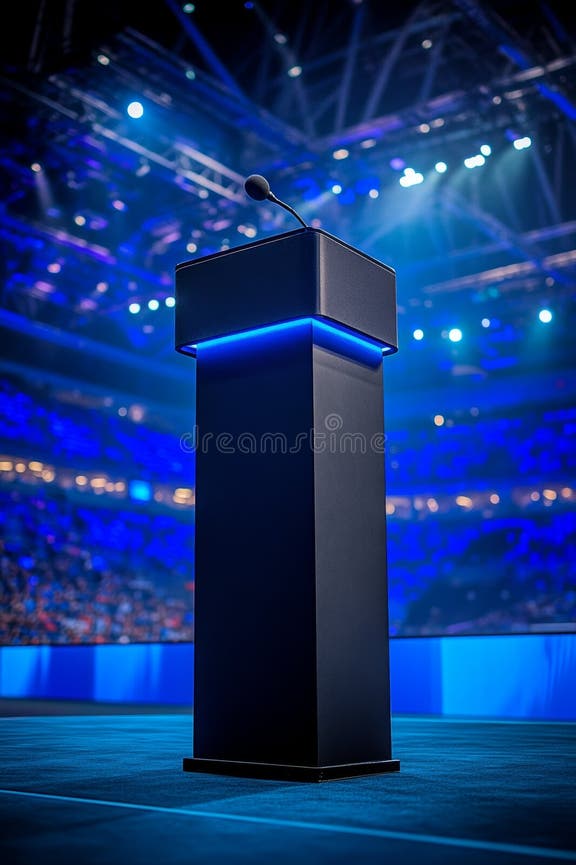 A Stage in a Large Auditorium Featuring a Podium with Microphones Stock ...