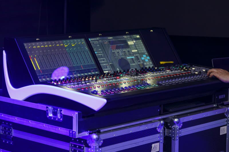 The Stage Light Control Panel is Operated by an Engineer S Hand in Blue ...