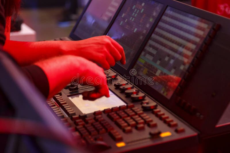 Stage Light Control Panel Professional Lighting Engineer Hands Work on ...