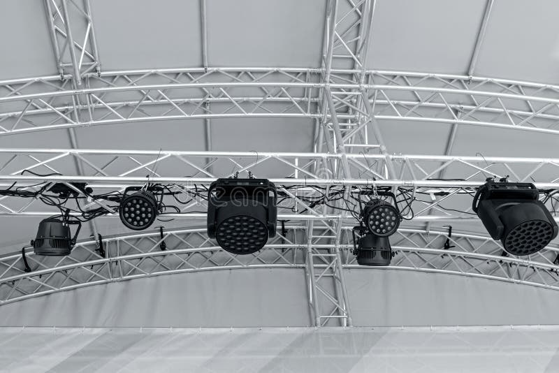 Stage Light Equipment before Concert. Spotlights on Stage Lighting Rig ...
