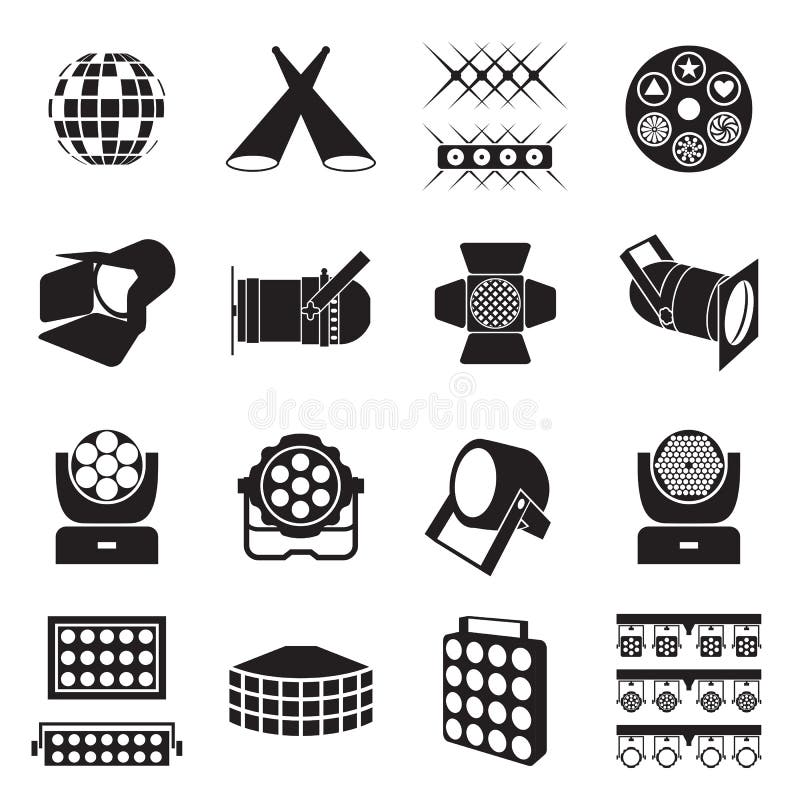 Stage Lighting Icons. Scene Lighting Equipment Icons Stock Vector ...