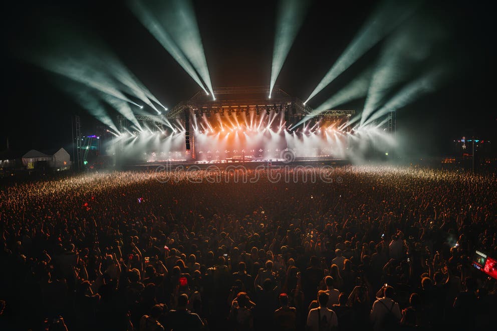 Stage Lights and Crowd of People in Front of a Live Concert Stage Stock ...