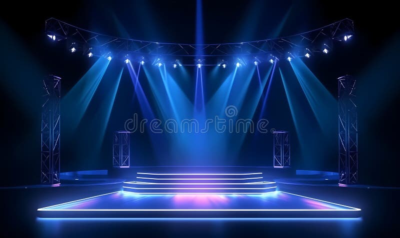 A Stage with Lights and a Stage, Dark Stage Shows Blue Neon Light ...