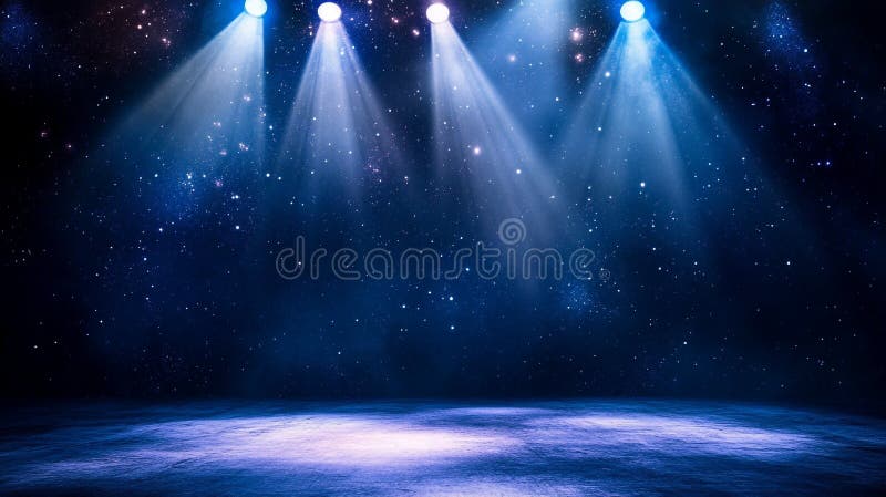 Stage Lights Illuminate an Empty Stage Under a Starry Sky Backdrop ...