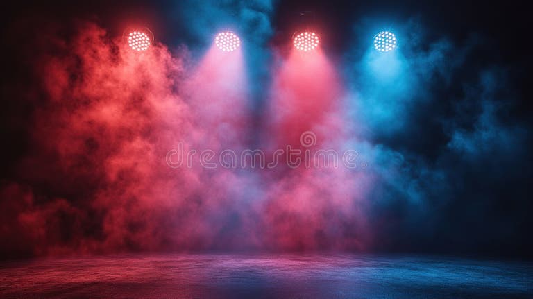 Stage Lights Illuminate Smoky Red Blue Studio Backdrop Stock Image ...