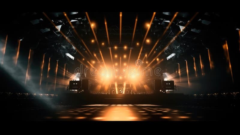 Stage with Lights, Lighting Devices, Lights Beams through a Smoky ...