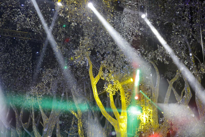 Stage Lights with Trees and Smoke Background Stock Image - Image of ...