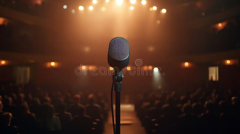 Stage Microphone with Crowd Stock Illustration - Illustration of retro ...