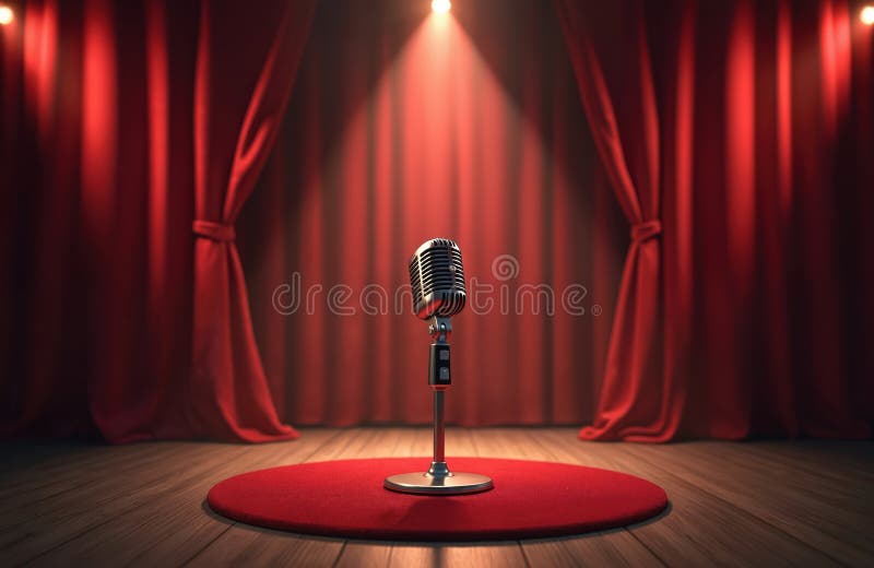 Stage Microphone on Red Carpet in Front of Red Curtains. Night Setting ...
