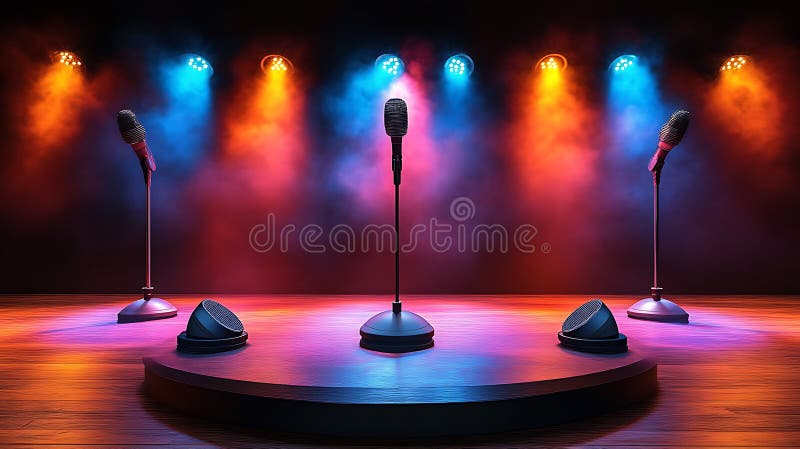 Stage Microphones Illuminated by Colorful Stage Lighting Stock ...