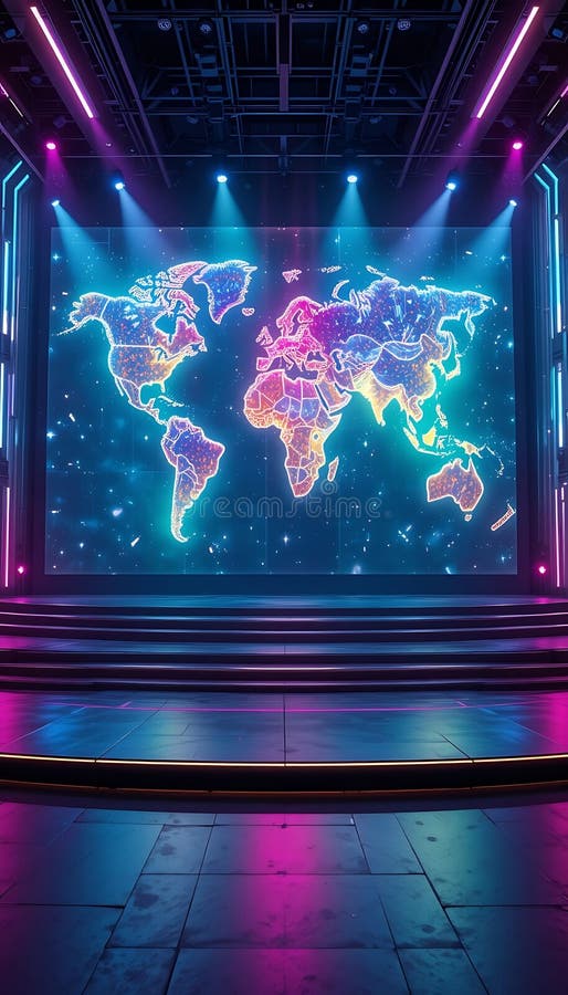 Stage with Neon World Map Projection for Global Conference Presentation ...