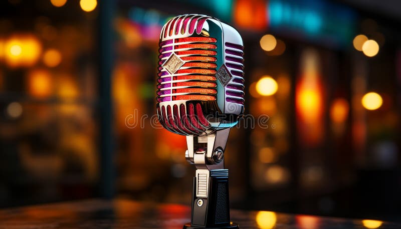 Stage Performance Illuminated by Spotlight, Singer on Microphone Stand ...