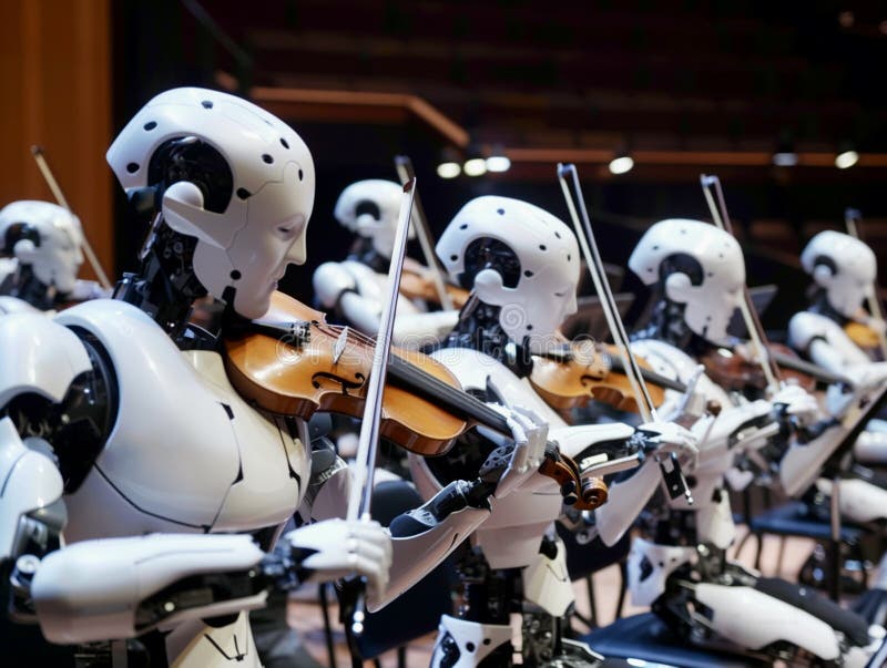 On Stage in the Philharmonic Orchestra with Robots Playing Violins, AI ...
