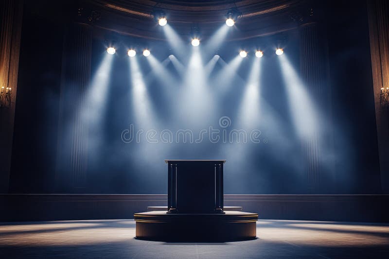 A Stage with a Podium in the Center Stock Image - Image of event, night ...