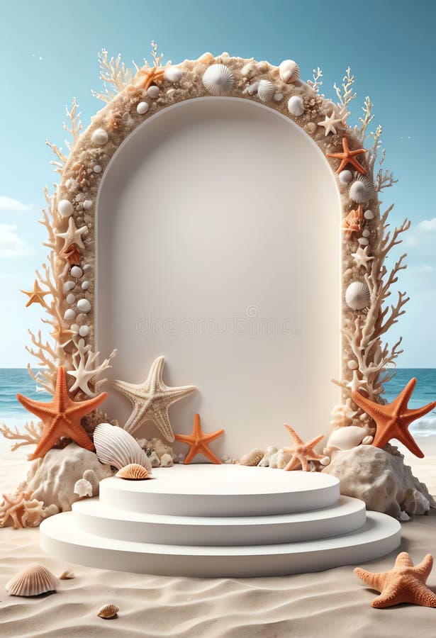 Stage Podium for Product Showcase with Sea Shell and Star Fish on Beach ...