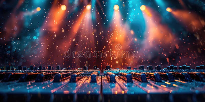 Stage Preparation with Lights, Sound Equipment, and Piano Keyboard ...