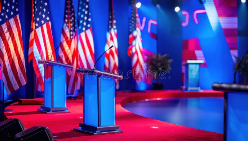 A Stage is Prepared for Debates, Podiums Decorated with American Flags ...