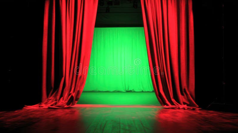 Stage Presence Red Curtains Framing Green Backdrop on a Wooden Stage ...