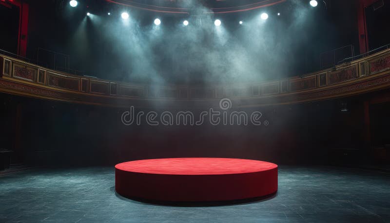 Empty Theater Stage with Red Podium Illuminated by Spotlights before a ...