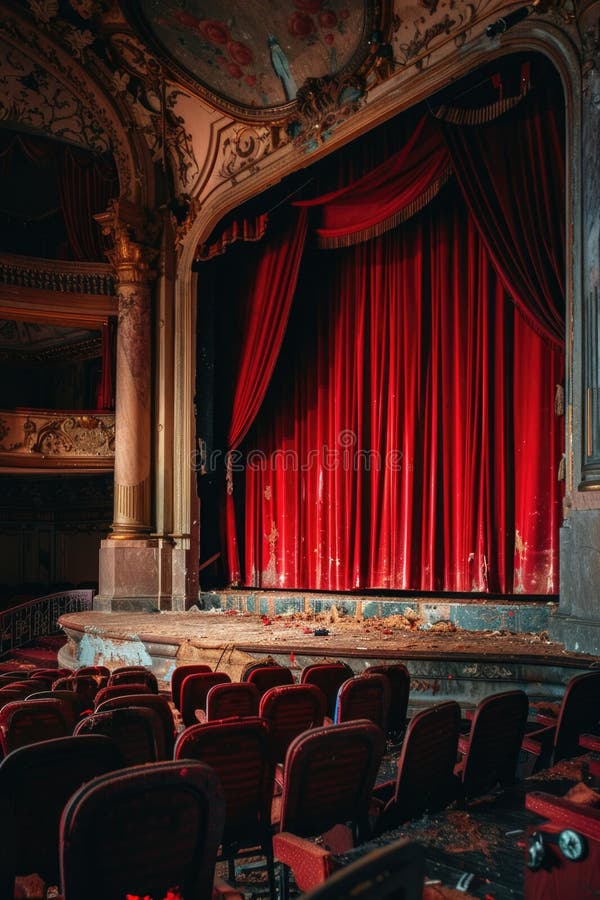 A Stage with a Red Curtain and Red Chairs Setup, Suitable for Concert ...