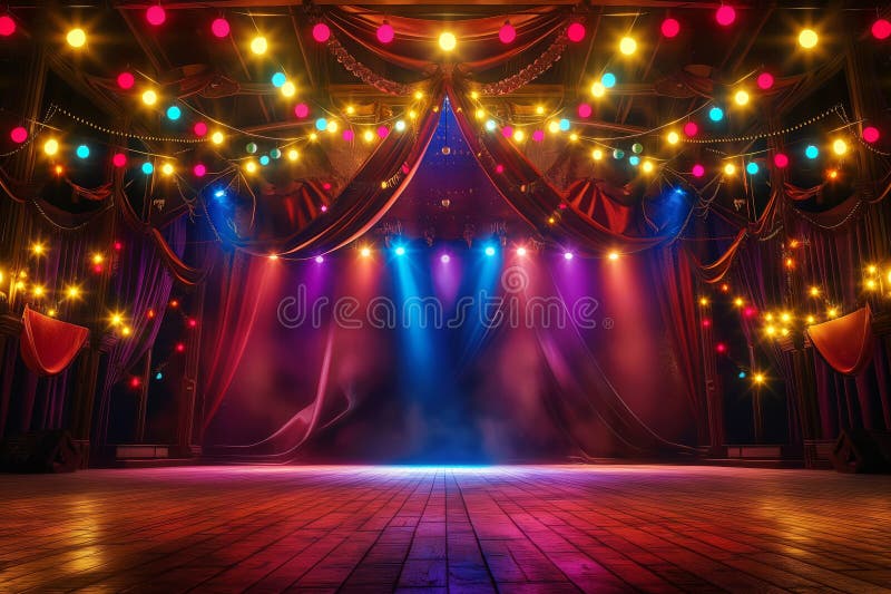 A Stage with a Red Curtain and Lights Hanging from the Ceiling. Stage ...