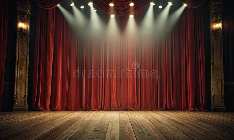 A Stage with a Red Curtain and Lights on the Left Side and a Red ...