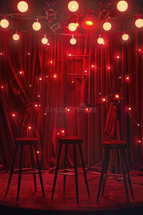 A Stage with a Red Curtain and Two Stools, Suitable for Theatrical or ...