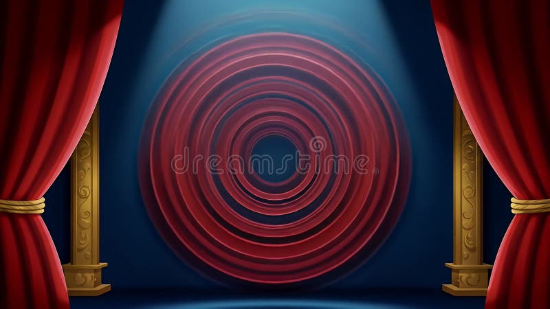 Dramatic Stage with Red Curtains and Golden Pillars Framing Concentric ...