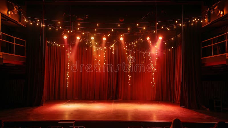 A Stage with Red Curtains and Lights Hanging from the Ceiling. Stage ...