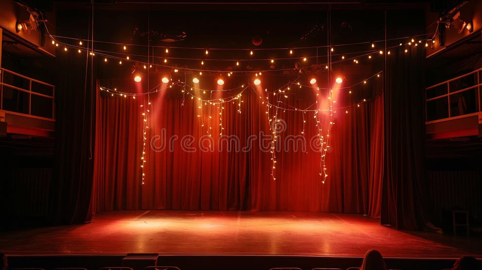 A Stage with Red Curtains and Lights Hanging from the Ceiling. Stage ...