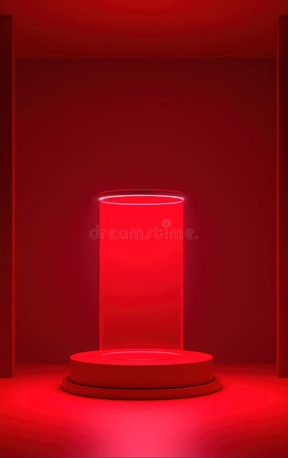 Stage with Red Curtains and Spotlight. Red Cylinder Pedestal or Podium ...